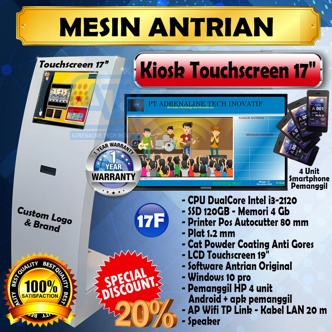 Paket 17F Kiosk 17” Mesin Antrian Kantor Pajak 4 Pemanggil Hp Android ...